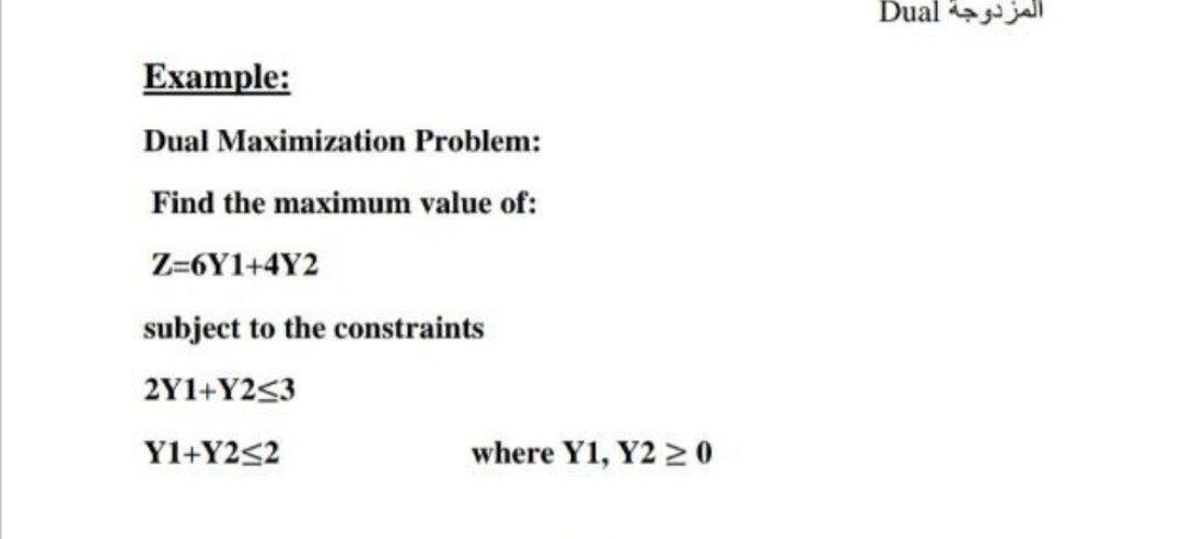 Solved المزدوجة Dual Example: Dual Maximization Problem: | Chegg.com