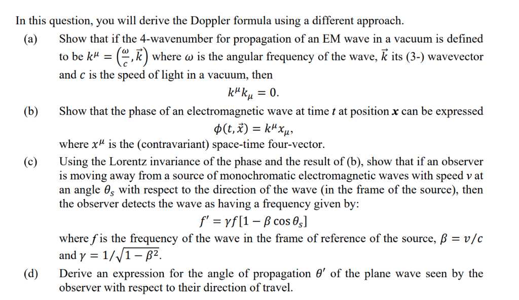 In this question, you will derive the Doppler formula | Chegg.com