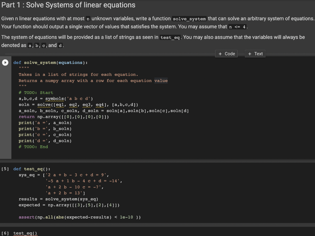 Solved Part 1 : Solve Systems of linear equations Given n | Chegg.com