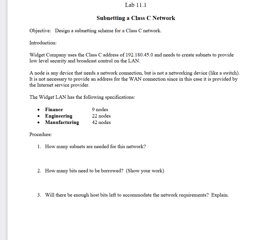 Solved Lab 11 1 Subnetting A Class C Network Objective