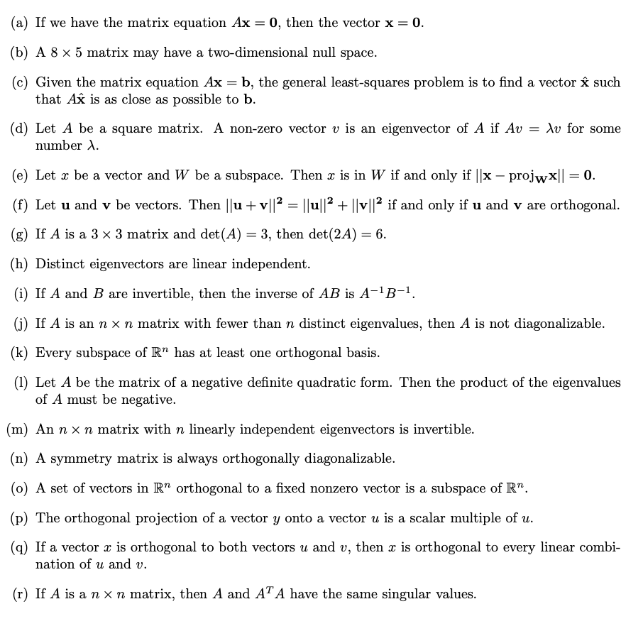 Solved (a) If we have the matrix equation Ax=0, then the | Chegg.com