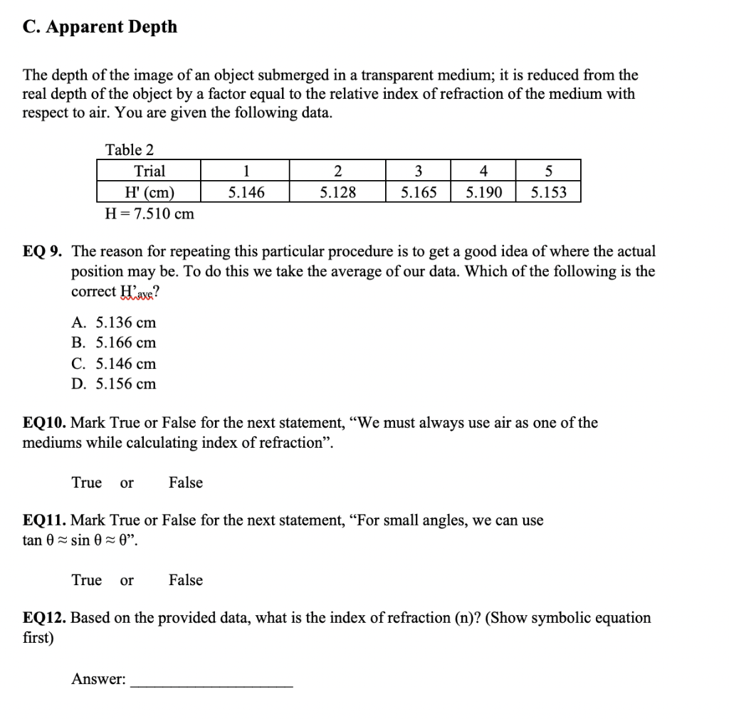 Solved C. Apparent Depth The depth of the image of an object | Chegg.com