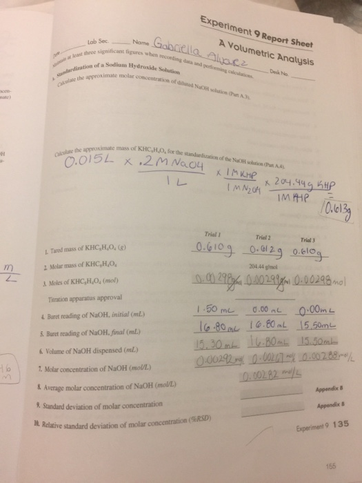 Solved Experiment 9 Report S A Volumetric Analysis cant | Chegg.com