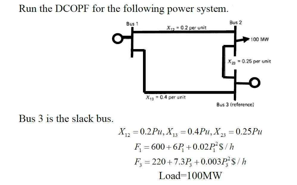 Solved Run the DCOPF for the following power system. Bus 3 | Chegg.com