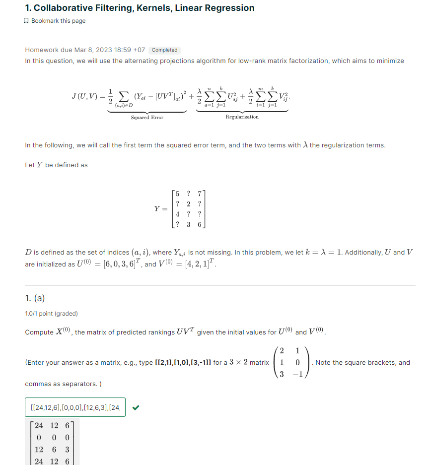 Solved 1. Collaborative Filtering, Kernels, Linear | Chegg.com
