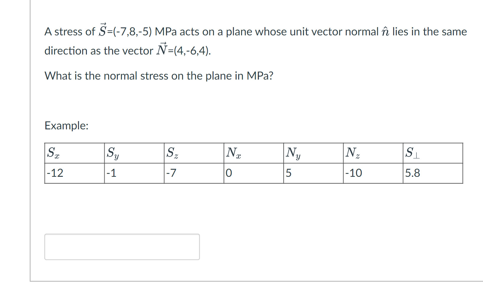 Solved A stress of S=(−7,8,−5) MPa acts on a plane whose | Chegg.com