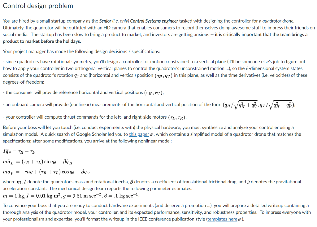 Control design problem You are hired by a small | Chegg.com