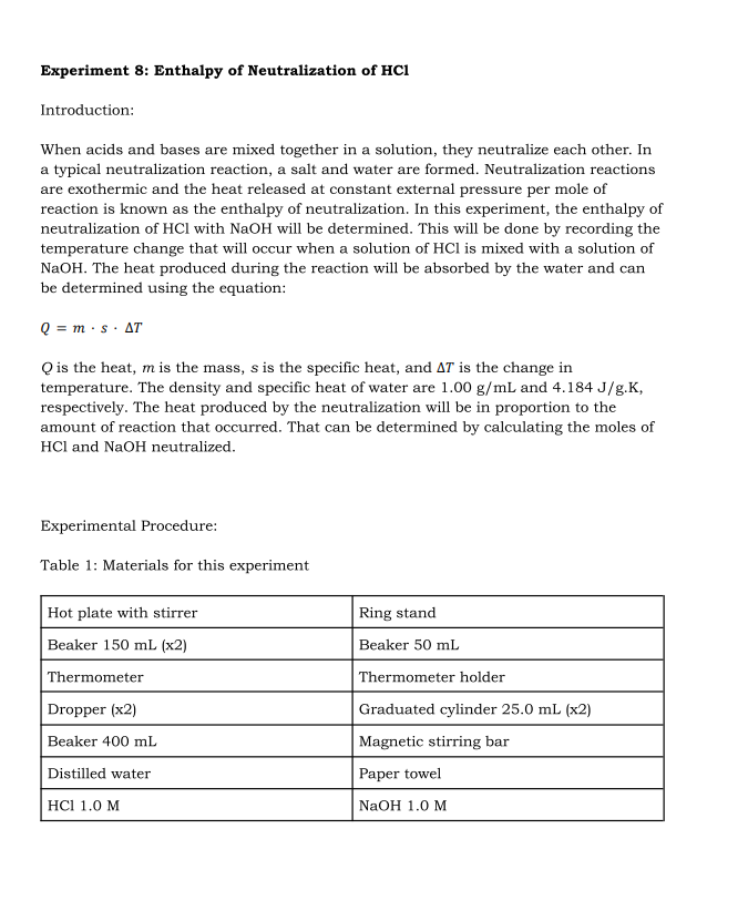 Solved Experiment 8: Enthalpy of Neutralization of \\( | Chegg.com