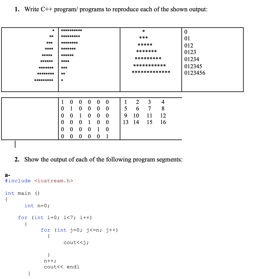 Solved 1. Write C++ program/ programs to reproduce each of | Chegg.com