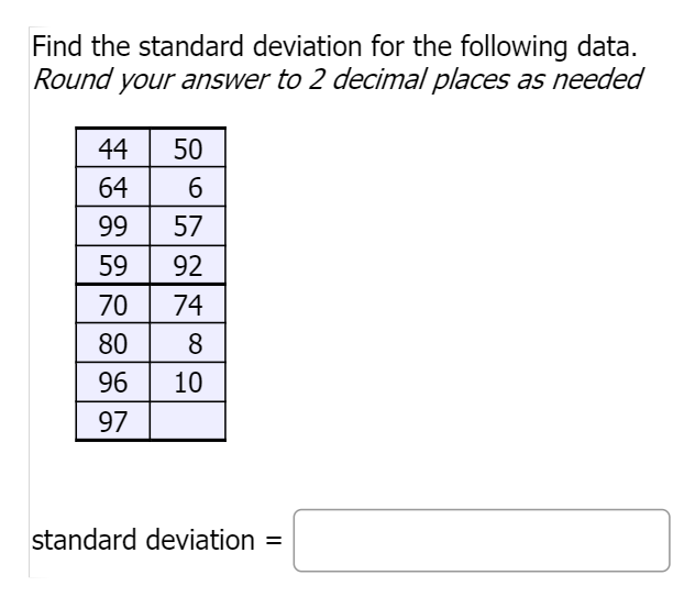 Solved Find the standard deviation for the following data. | Chegg.com