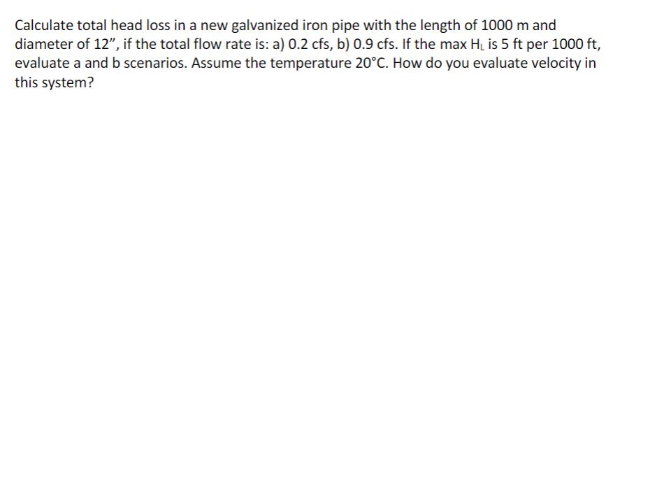 Solved Calculate total head loss in a new galvanized iron | Chegg.com