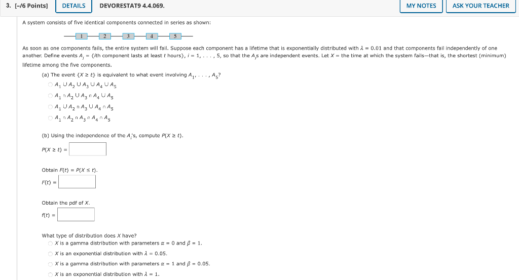 Solved A system consists of five identical components | Chegg.com