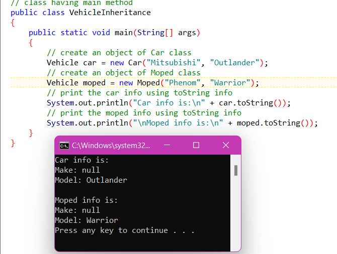 Solved //class Car (first sub class of Vehicle) public class | Chegg.com