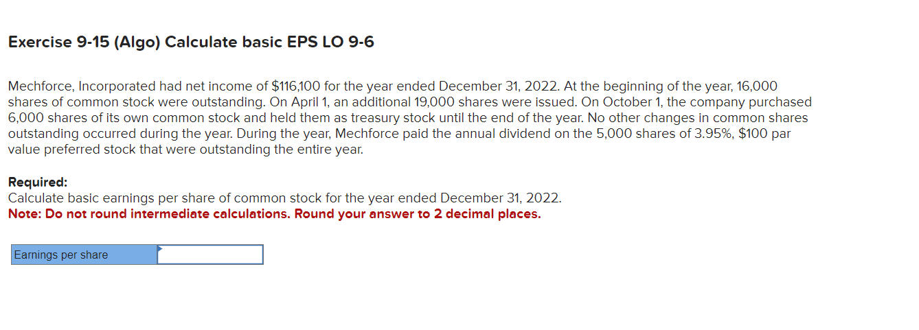 Solved Exercise 9-15 (Algo) Calculate basic EPS LO 9-6 | Chegg.com