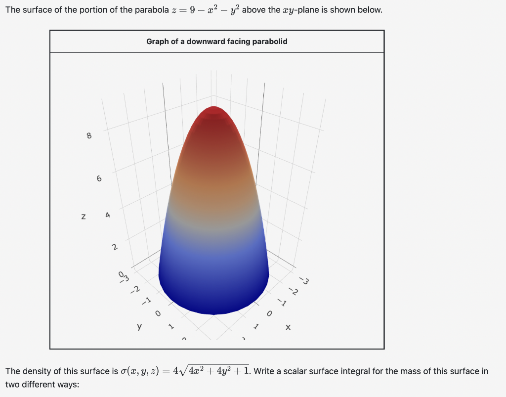 Solved The surface of the portion of the parabola z=9−x2−y2 | Chegg.com