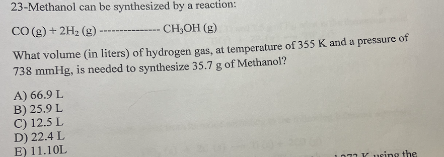 Solved CO(g)+2H2( g)−⋯CH3OH(g) What volume (in liters) of | Chegg.com