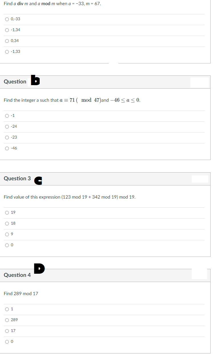 Solved Find a div m and a mod m when a = -33, m = 67. O | Chegg.com