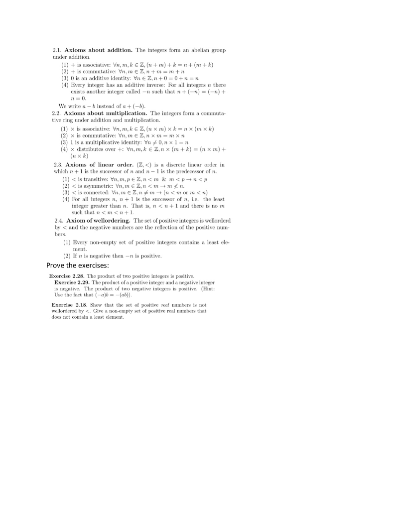 Solved 2.1. Axioms about addition. The integers form an | Chegg.com