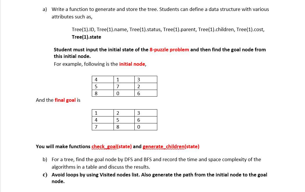 Solved a) Write a function to generate and store the tree. | Chegg.com
