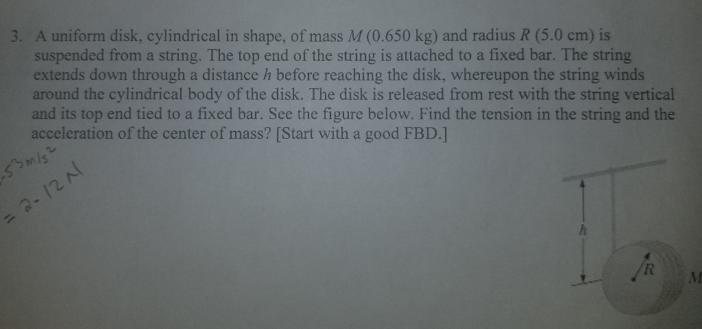 Solved 3. A uniform disk, cylindrical in shape, of mass M | Chegg.com