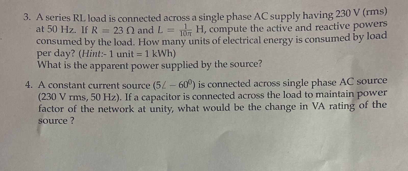 Solved A series RL load is connected across a single phase | Chegg.com