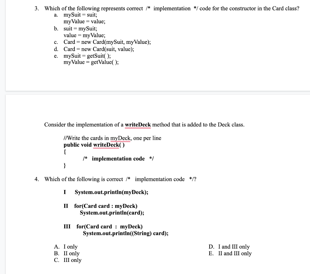 Solved Questions 3 & 4 refer to the Card and Deck classes | Chegg.com