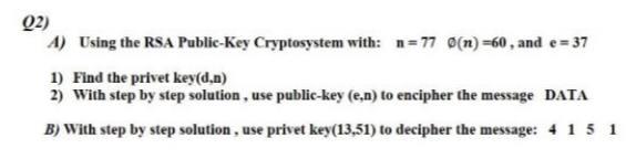 Solved Q2) A) Using the RSA Public-Key Cryptosystem with: | Chegg.com