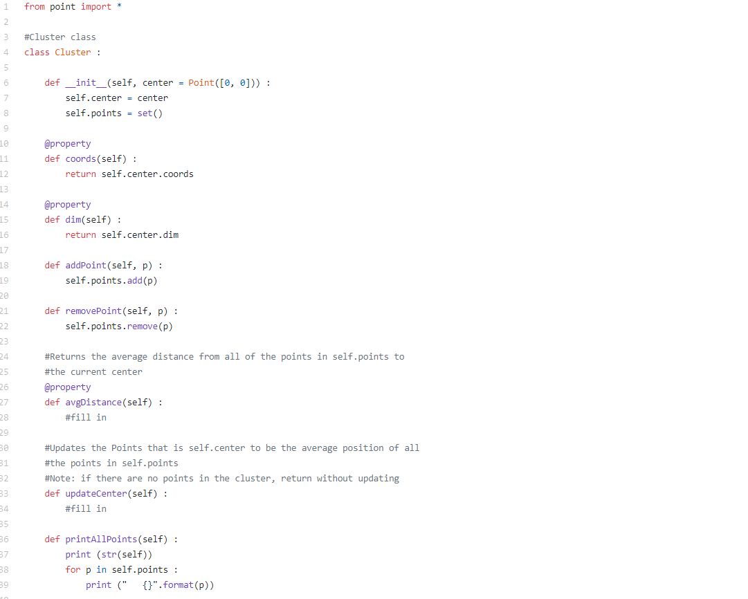 Solved Complete the missing portions of the Cluster class, | Chegg.com