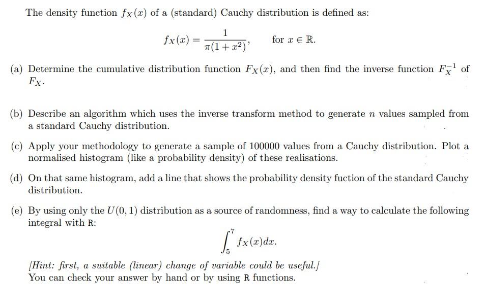 The density function fx(x) of a (standard) Cauchy | Chegg.com