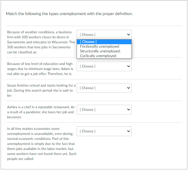 Solved Match the following the types unemployment with the | Chegg.com