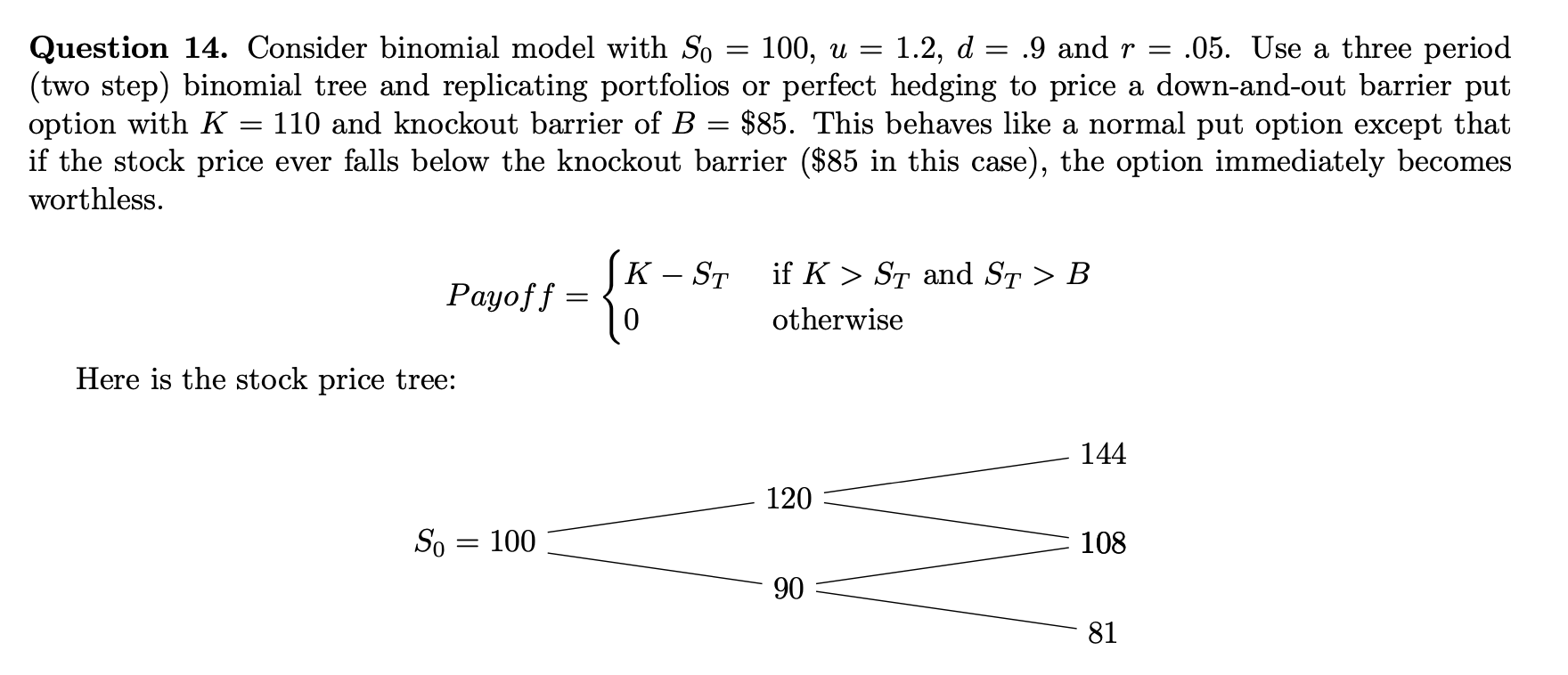 Question 14. Consider binomial model with So 100, u = | Chegg.com