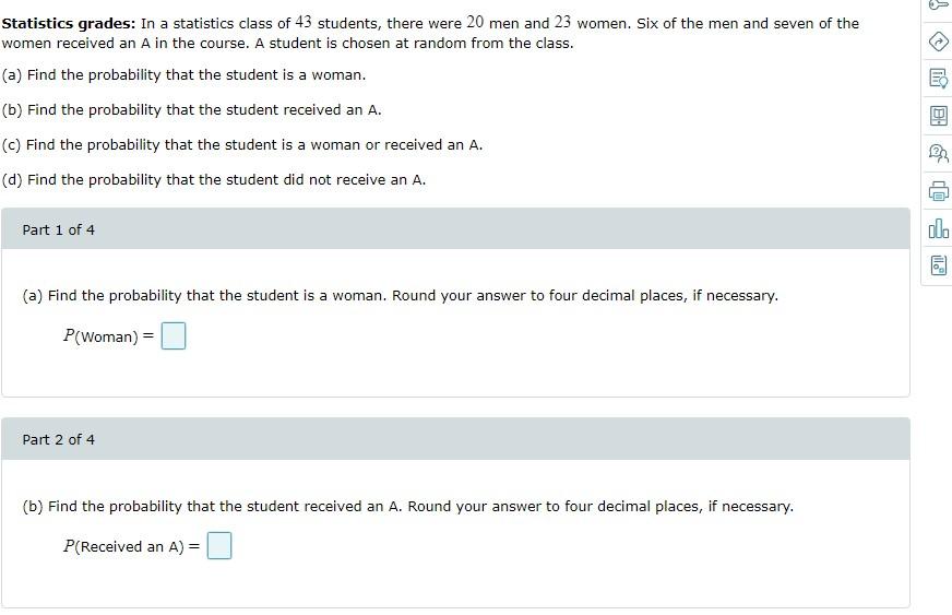 Solved Statistics grades: In a statistics class of 43 | Chegg.com