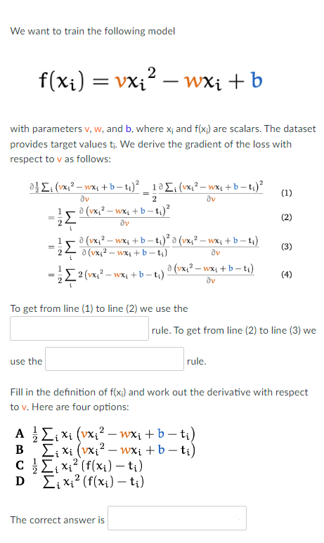 Solved We want to train the following model f(xi)=vxi2−wxi+b | Chegg.com
