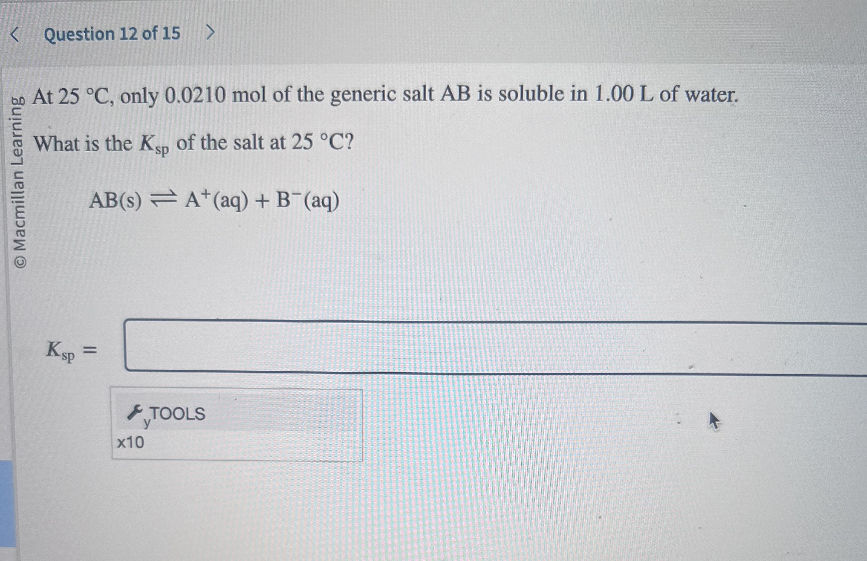 Solved At 25^(@)C, only 0.0210mol of the generic salt AB is | Chegg.com