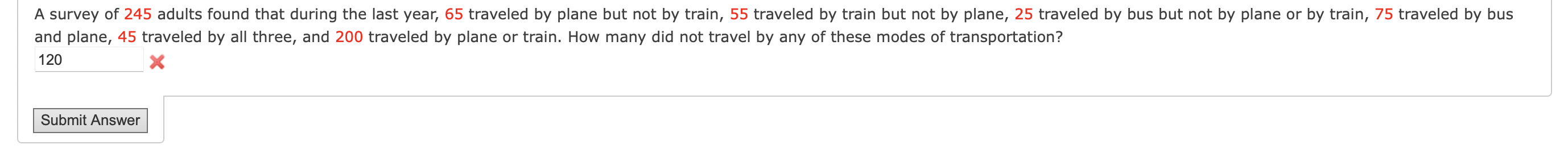 Solved and plane, 45 traveled by all three, and 200 traveled | Chegg.com