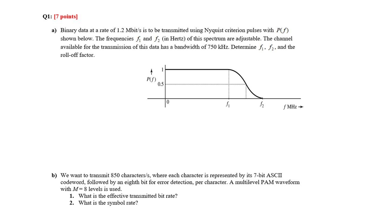Solved Q1: [7 points) a) Binary data at a rate of 1.2 Mbit/s | Chegg.com