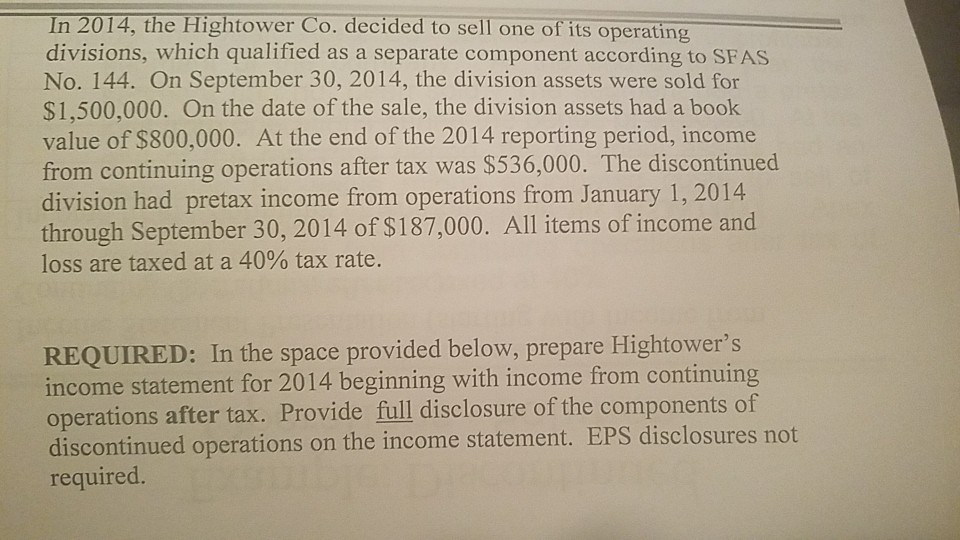 Solved In 2014, the Hightower Co. decided to sell one of its | Chegg.com