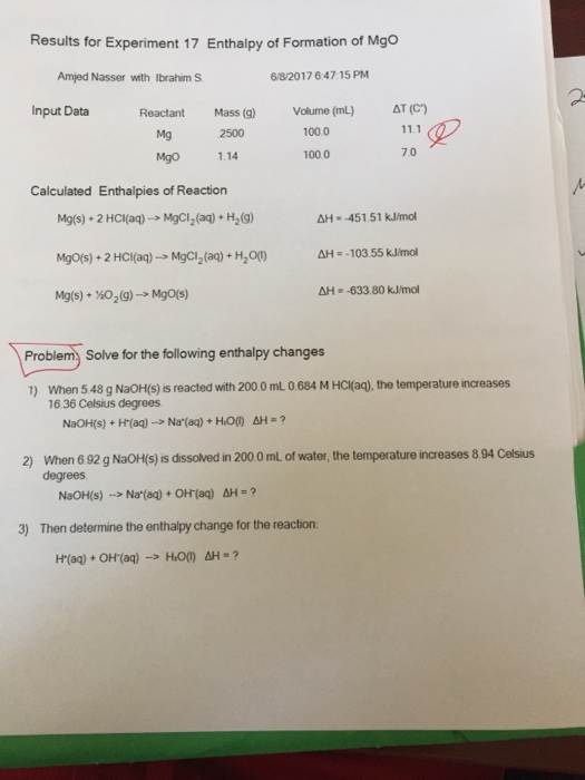 Solved Enthalpy of Formation of Mgo Calculated Enthalpies | Chegg.com