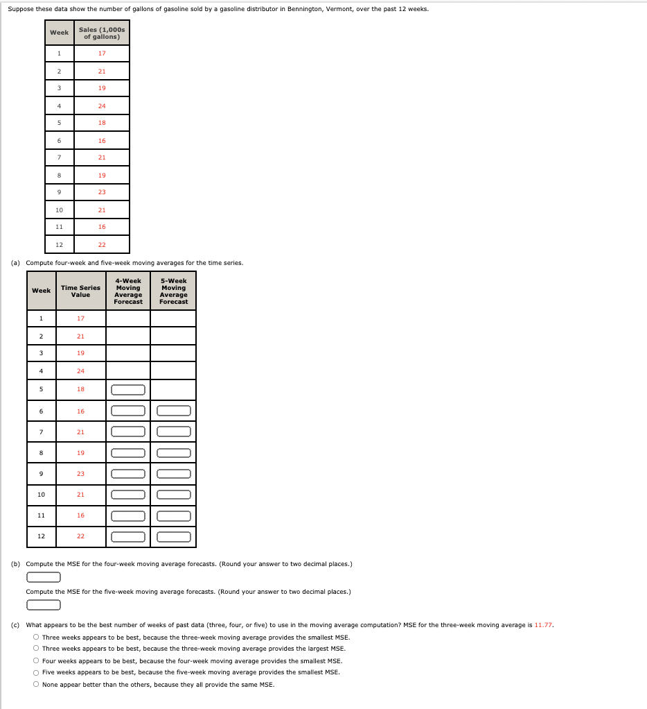 Solved (a) Compute four-week and five-week moving averages | Chegg.com