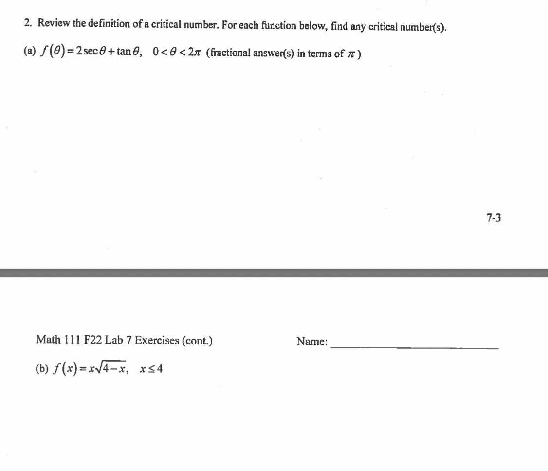 Solved 2. Review the definition of a critical number. For | Chegg.com