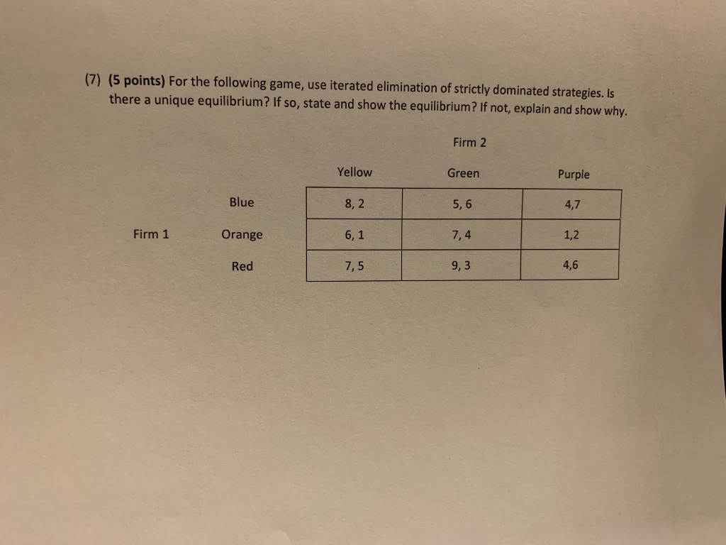 Solved (7) (5 points) For the following game, use iterated | Chegg.com