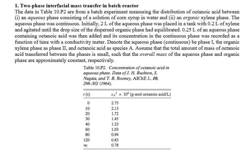1. Two-phase interfacial mass transfer in batch | Chegg.com