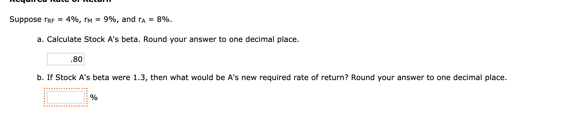 Solved uppose rRF=4%,rM=9%, and rA=8% a. Calculate Stock A's | Chegg.com