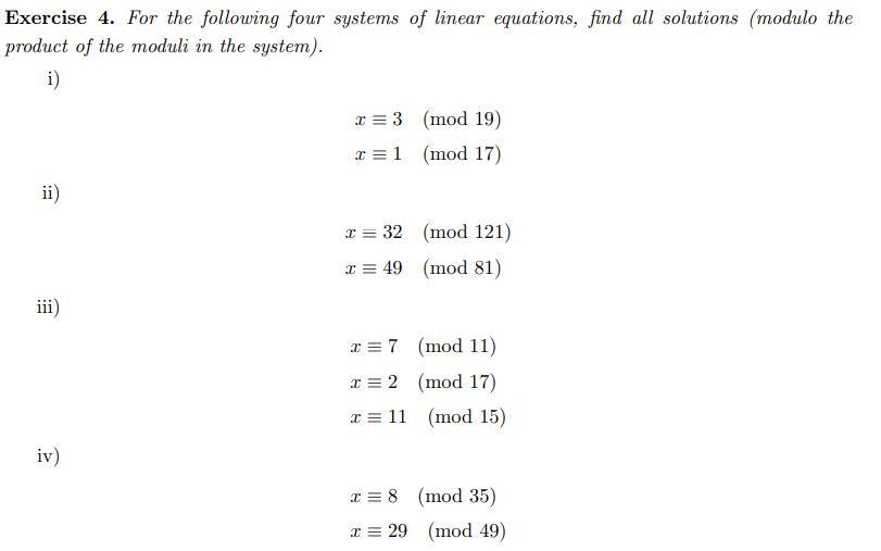 Solved Exercise 4. For the following four systems of linear | Chegg.com