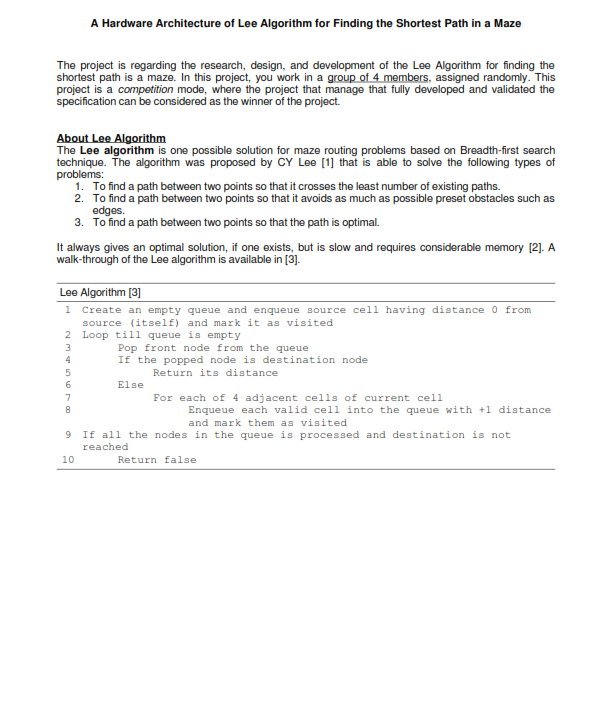 A Hardware Architecture of Lee Algorithm for Finding | Chegg.com