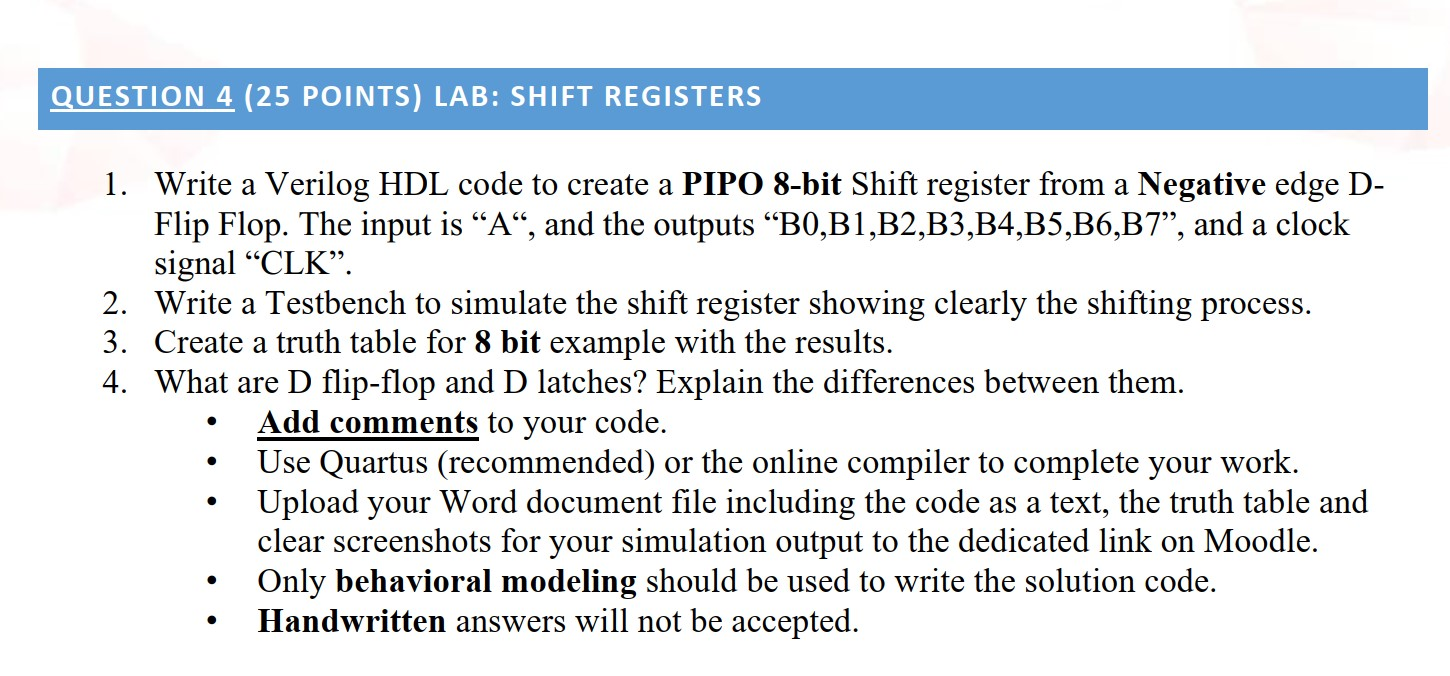 Solved QUESTION 4 (25 POINTS) LAB: SHIFT REGISTERS 1. Write | Chegg.com