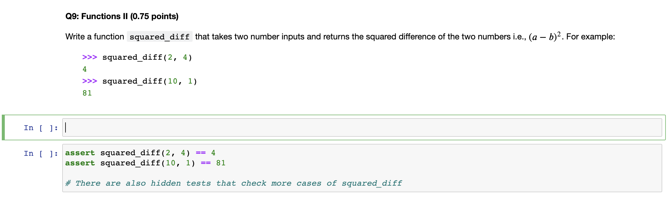 Solved Write a function squared_diff that takes two | Chegg.com