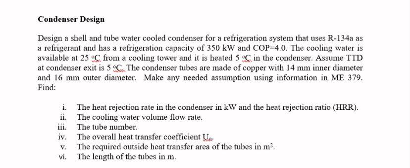 Solved Condenser Design Design a shell and tube water cooled | Chegg.com