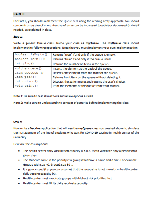 PART II For Part II, you should implement the Queue | Chegg.com
