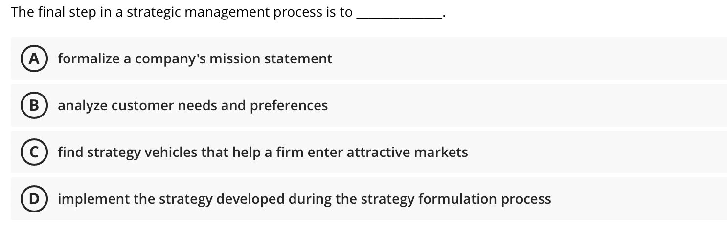 Solved The final step in a strategic management process is | Chegg.com